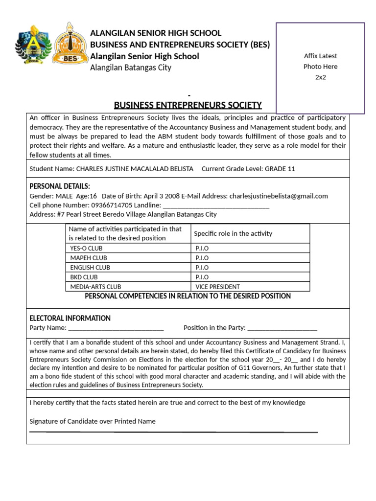 Certificate of Candidacy For Bes Officers | PDF | Elections | Democracy