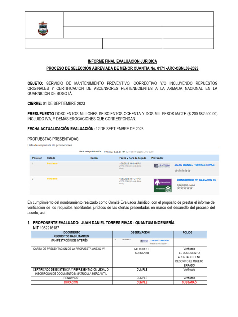 INFORME+FINAL+EVALUACION+JURIDICA+0171+MTTO+ASCENSORES | PDF | Documento de identidad