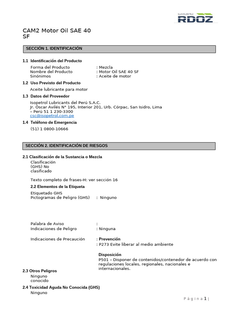 Hojas MSDS de Aceite de Motor | PDF | Toxicidad | Dióxido de carbono