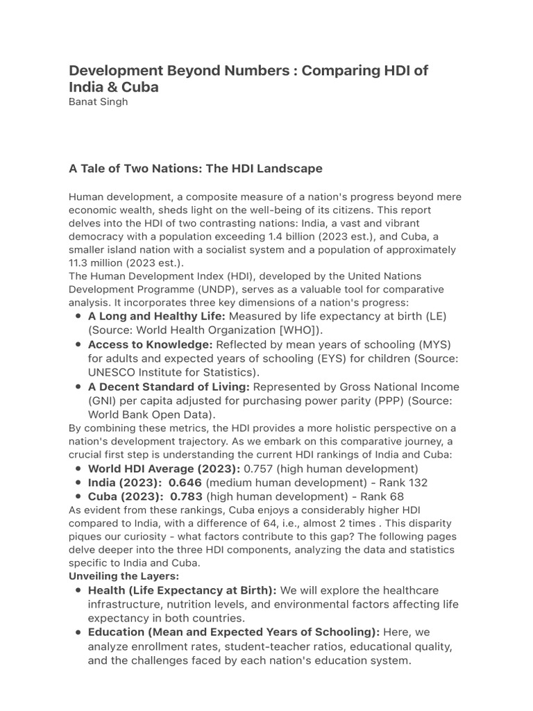 Development Beyond Numbers: Comparing HDI of India & Cuba | PDF | Cost ...