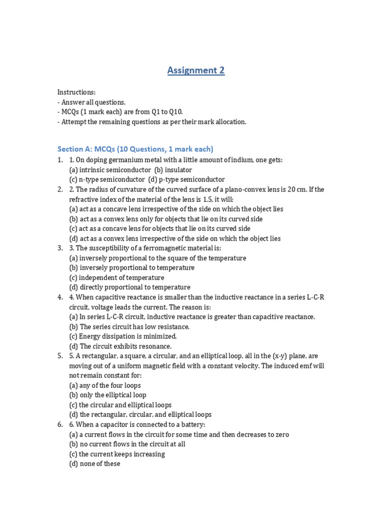 Physics - Assignment - XII 2 | PDF | Inductance | Magnetic Field
