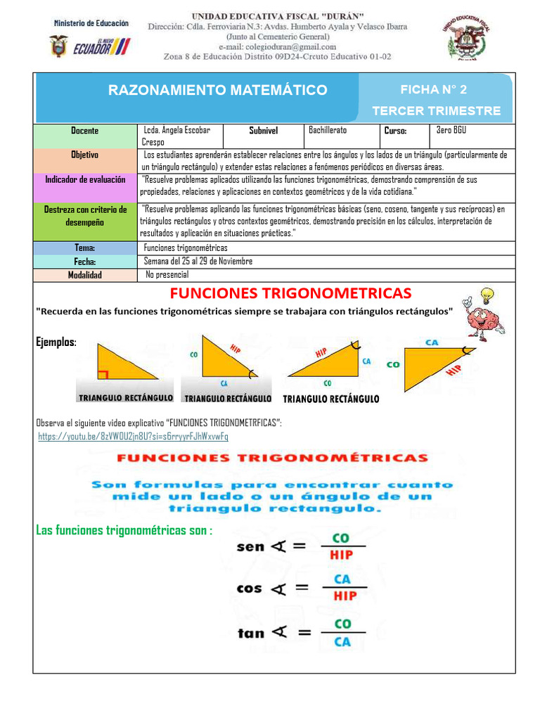 Ficha#2-3er Trim.3ero BGU Raz.Mat.Funcion trigon. Escobar2024 | PDF | Trigonometría | Funciones ...