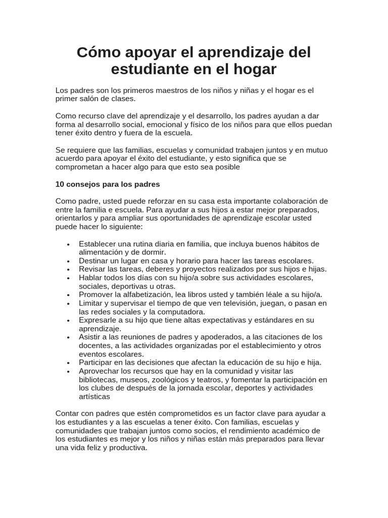 Consejos para Padres en el Aprendizaje | PDF | Escuelas | Educación ...