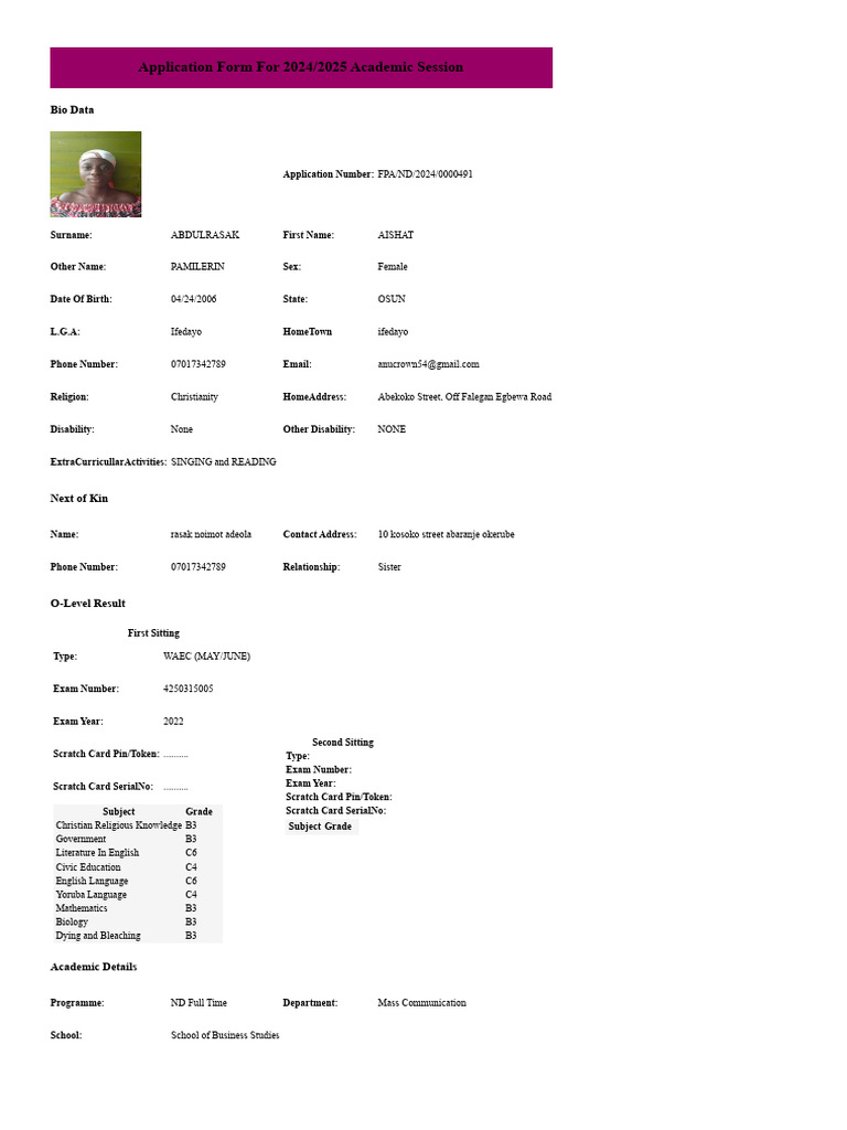 Abdulrasak Aishat Pamilerin Application Form | PDF