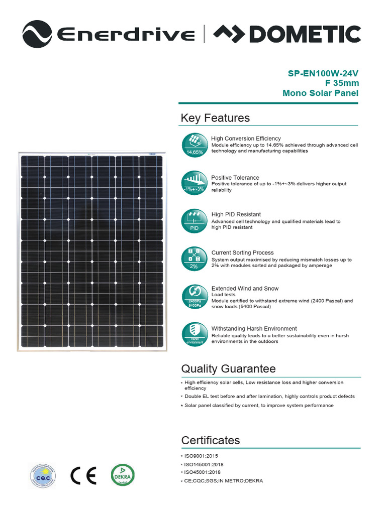 SP EN100W 24V Solar Spec Sheet | PDF | Solar Panel | Energy Harvesting