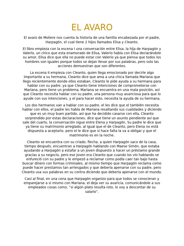 "El Avaro de Molière: Amor y Avaricia" | PDF