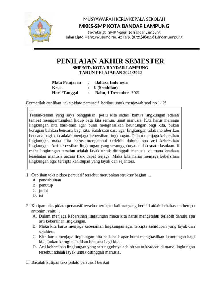 Soal Bahasa Indonesia KLS 9 GJL 2021 | PDF
