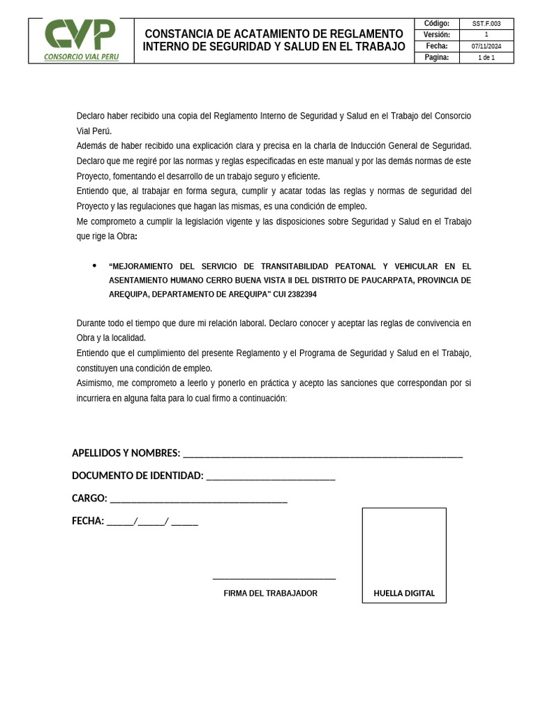 SST.F.003 Constancia de Acatamiento de Risst | PDF