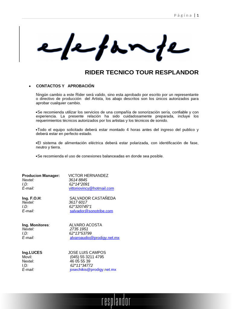 Rider Tecnico Tour Resplandor 2010 | PDF | Transporte