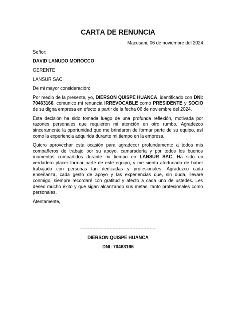 Renuncia Irrevocable Presidente Lansur | PDF