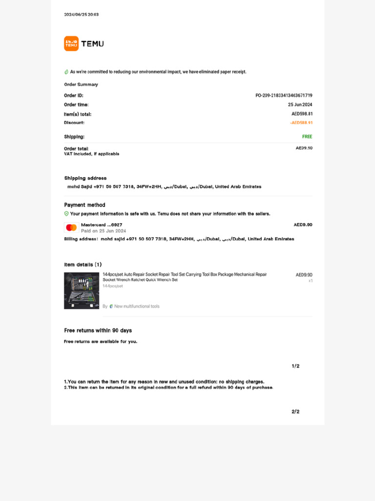 Temu Offer Receipt | PDF