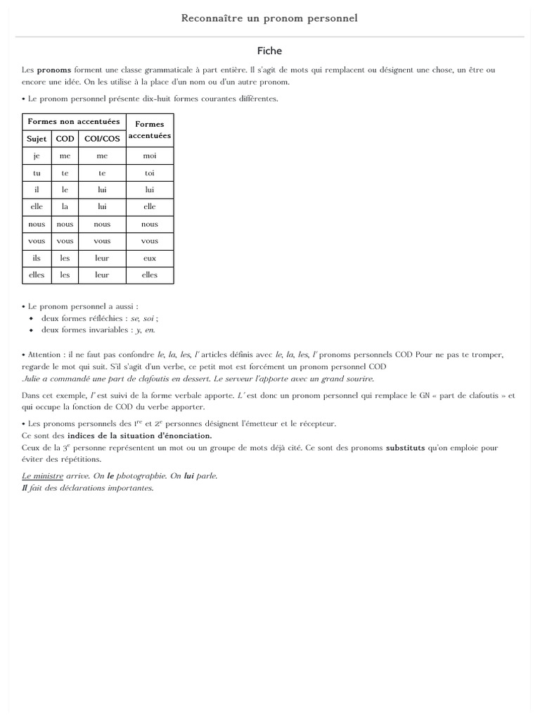 6e Francais Reconnaitre Un Pronom Personnel | PDF | Pronom | Verbe