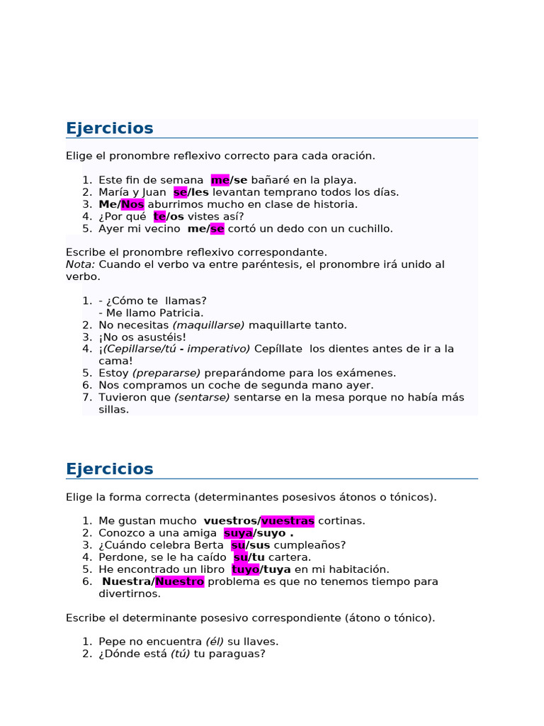 Ejercicios Pronombres Reflexivos:Posesivos:Relativos | PDF