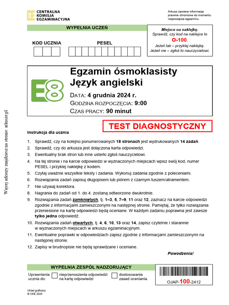 Jezyk Angielski 2024 Grudzien Egzamin Osmoklasisty Probny | PDF
