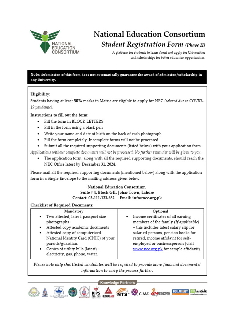 NEC Student Registration Form - Batch XI Phase II | PDF