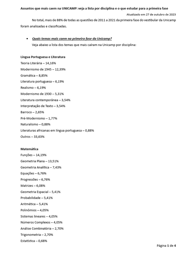 Assuntos Que Mais Caem Na UNICAMP | PDF | Science | Interdisciplinaridade