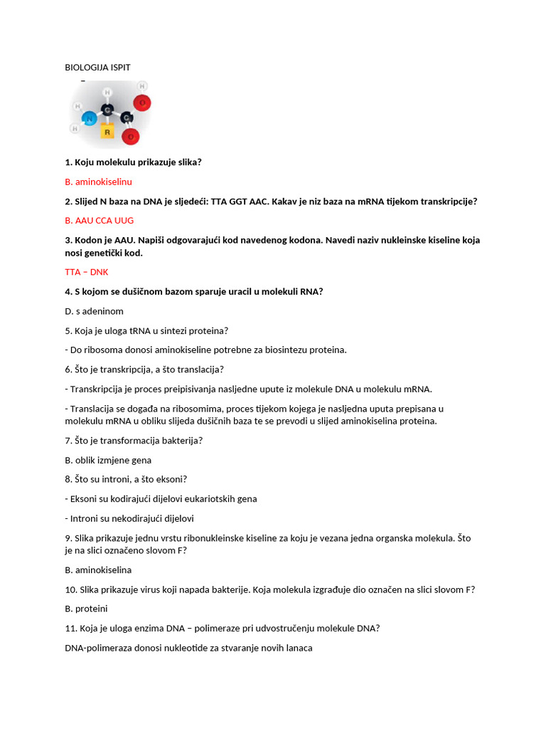 BIOLOGIJA ISPIT Zadatci - Genetika I Bakterije | PDF