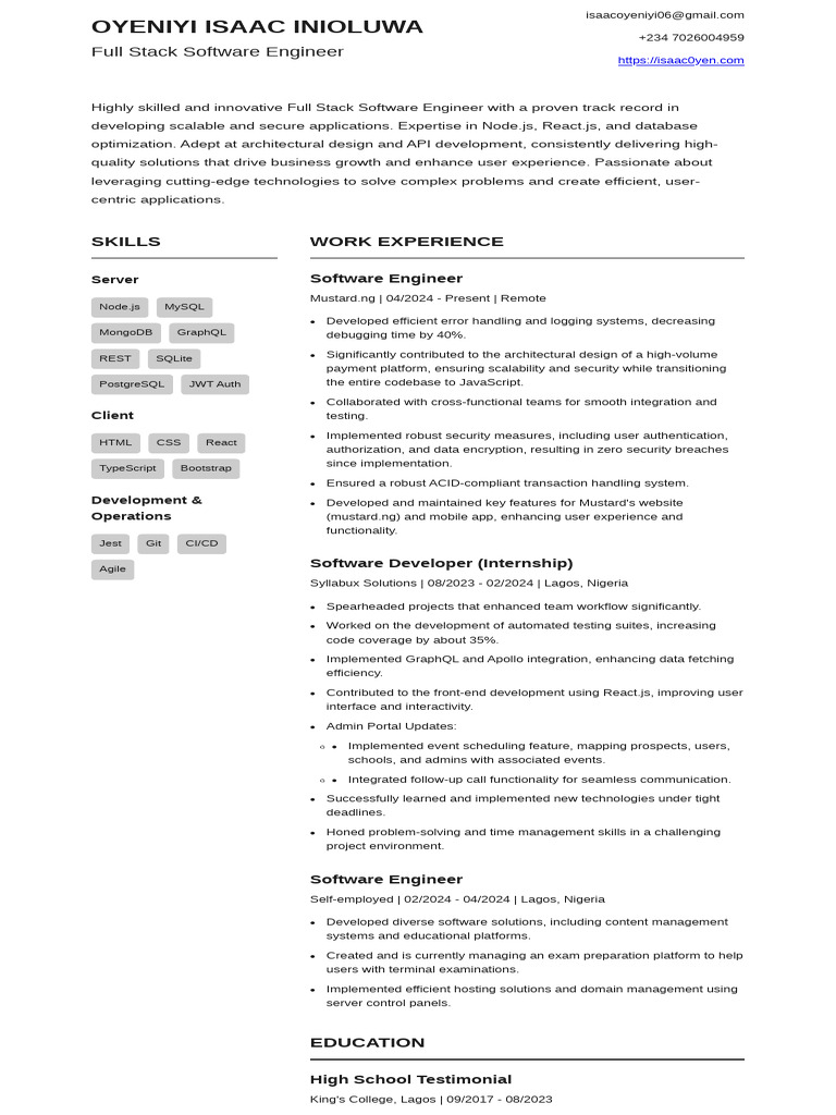 Oyeniyi Isaac Resume Software Engineer | PDF | Software Engineering | Software
