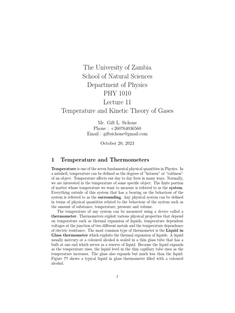 PHY 1010 Lecture 11 - Temperature and The Kinetic Theory of Gases | PDF | Thermometer | Temperature