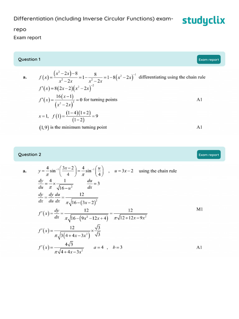 Differentiation (Including Inverse Circular Functions) ANS | PDF