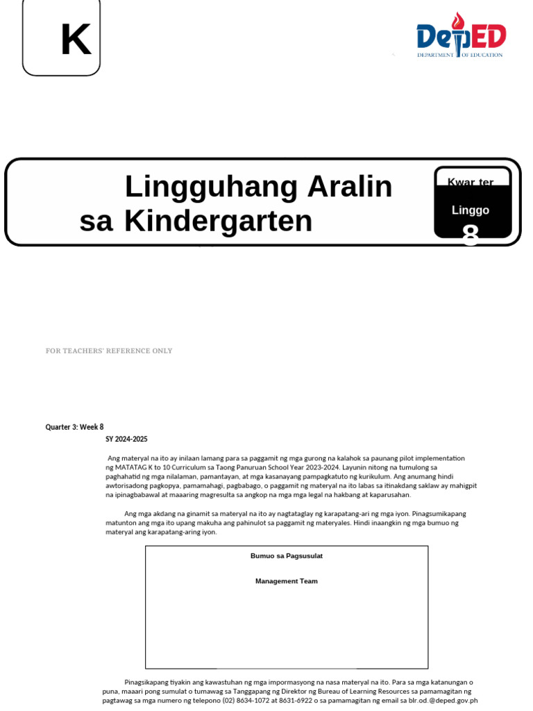 LE Kindergarten Q3 Week8 v.1 | PDF