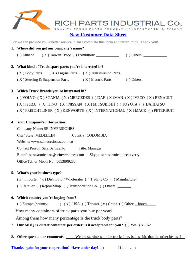 New Customer Data Sheet . | PDF