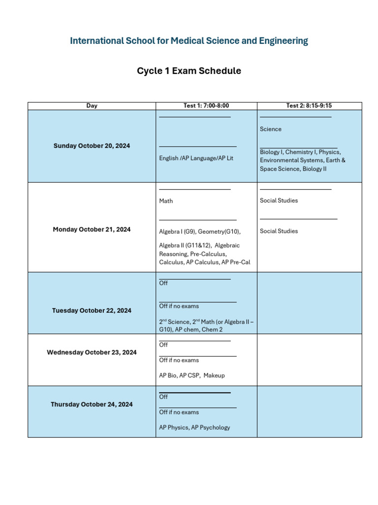 24-25 Cycle 1 Exam Schedule | PDF