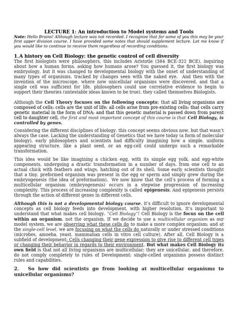 Lecture 1 - Model Systems and Tools - MCDB 165A | PDF | Cell (Biology) | Biology