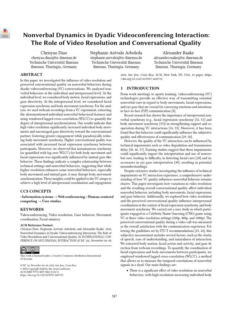 Nonverbal Dynamics in Dyadic Videoconferencing Interaction | PDF | Synchronization | Nonverbal ...