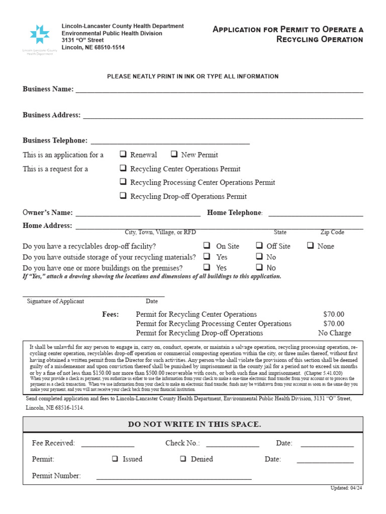 Recycling Operation Permit Application | PDF | Recycling | Fee