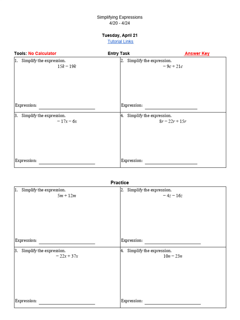 Simplify Expressions 4 20-24 | PDF