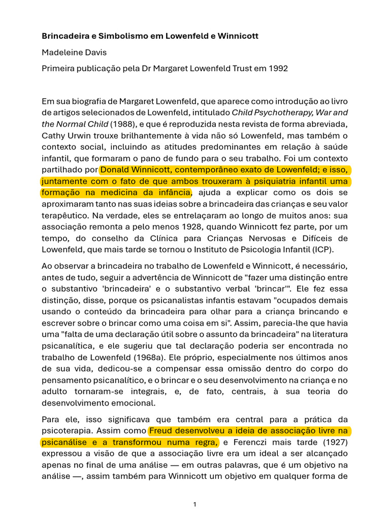 MADELEINE DAVIS - (1992 Artigo) Brincadeira e Simbolismo Em Lowenfeld e ...
