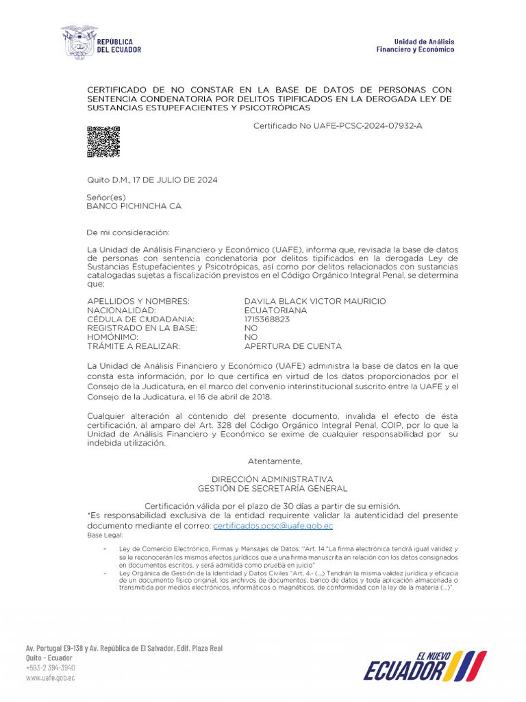 Certificado UAFE de No Constar en Base de Datos | PDF