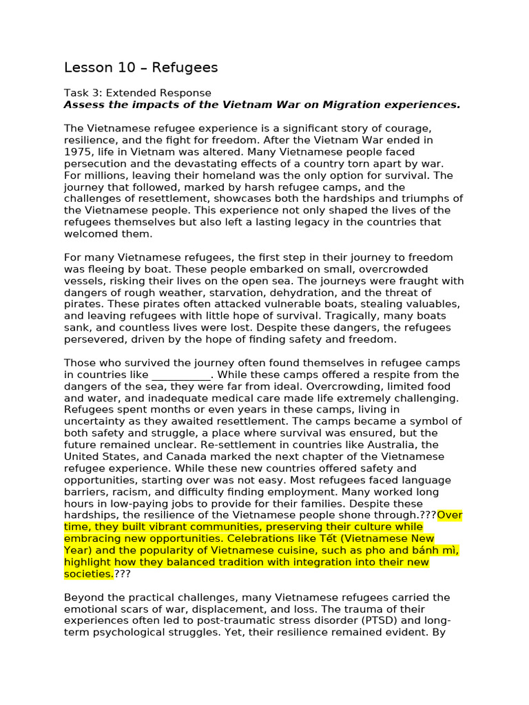Lesson 10 - Refugees [extended response] | PDF | Psychological Resilience | Psychological Trauma