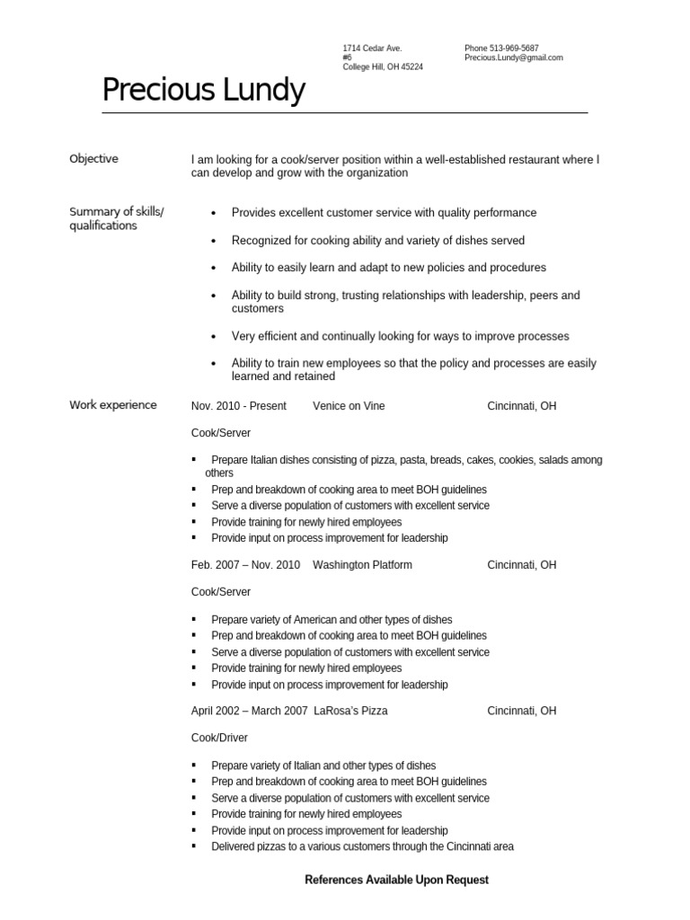P Lundy Cook-Server Resume 2.2011 | PDF | Cooking | Foods
