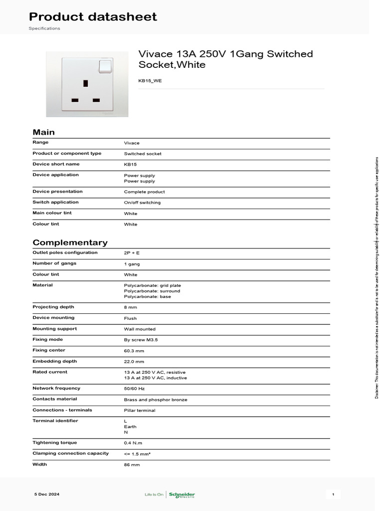 Schneider Electric Vivace KB15 WE | PDF | Electrical Connector | Power ...
