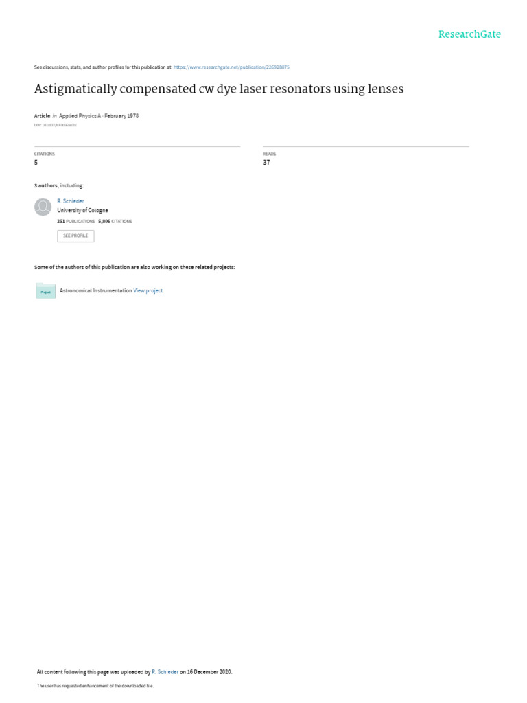 Astigmatic Compensatedcw Dye Laser Resonators Using Lenses | PDF