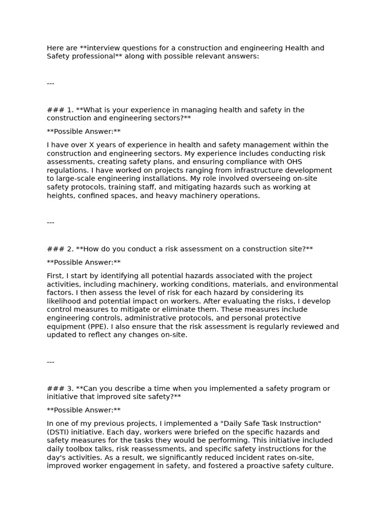 Health and Safety Interview Questions | PDF | Occupational Safety And ...