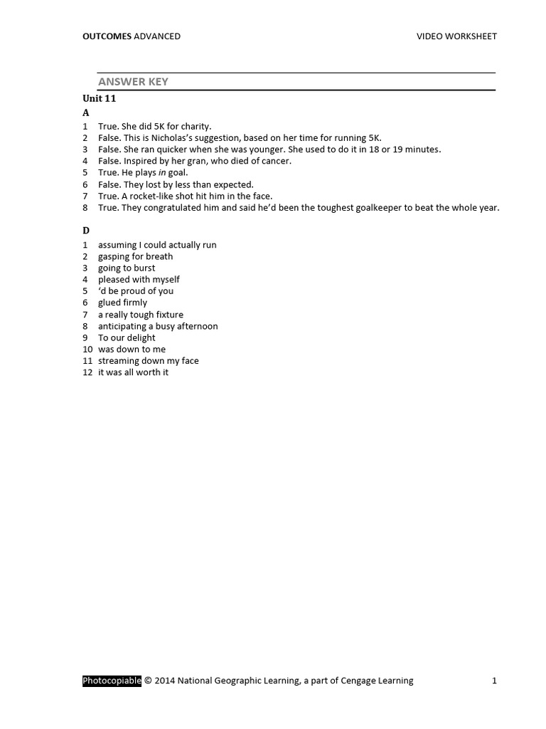 Outcomes Advanced Unit 11 Answer Key With Completed Script 9 Nov 12 | PDF