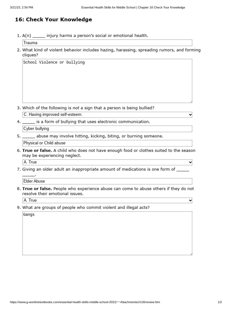 Essential Health Skills For Middle School - Chapter 16 Check Your ...