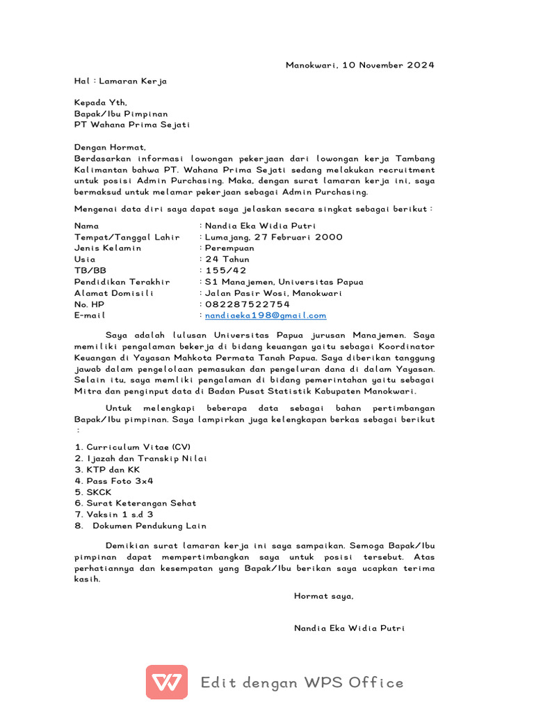 Admin Purchasing-Nandia Eka Widia Putri Surat Lamaran | PDF