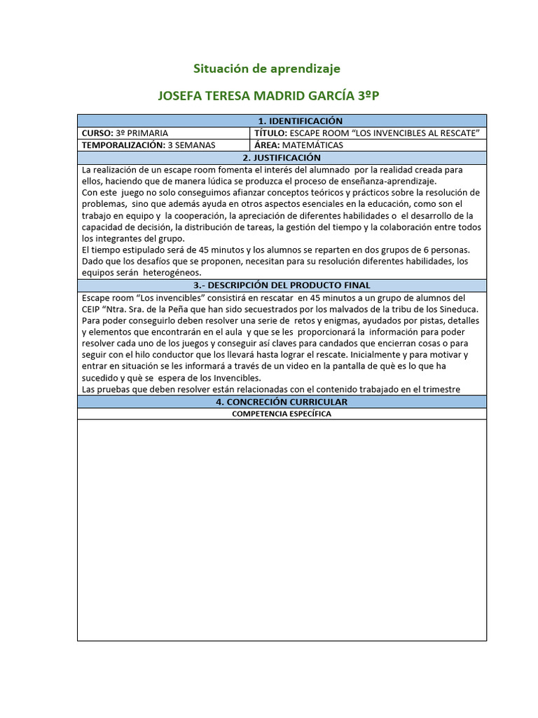 S Aprendizaje Teresa Madrid García - Escape Room | PDF | Evaluación ...