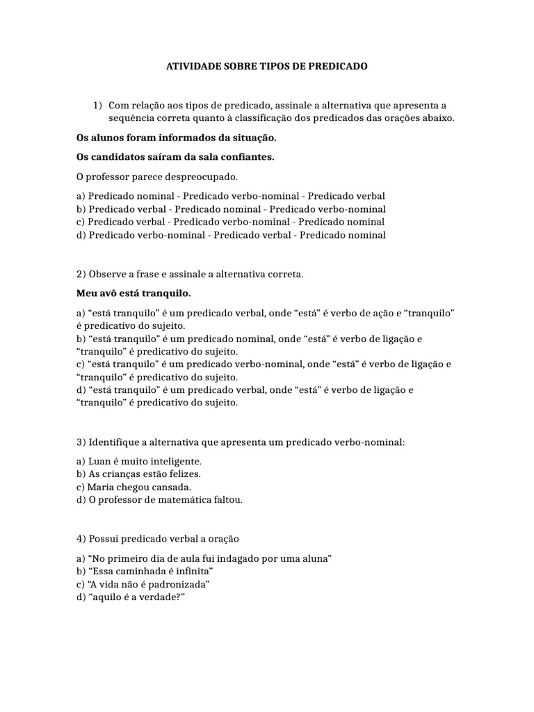 Atividades sobre Tipos de Predicado | PDF