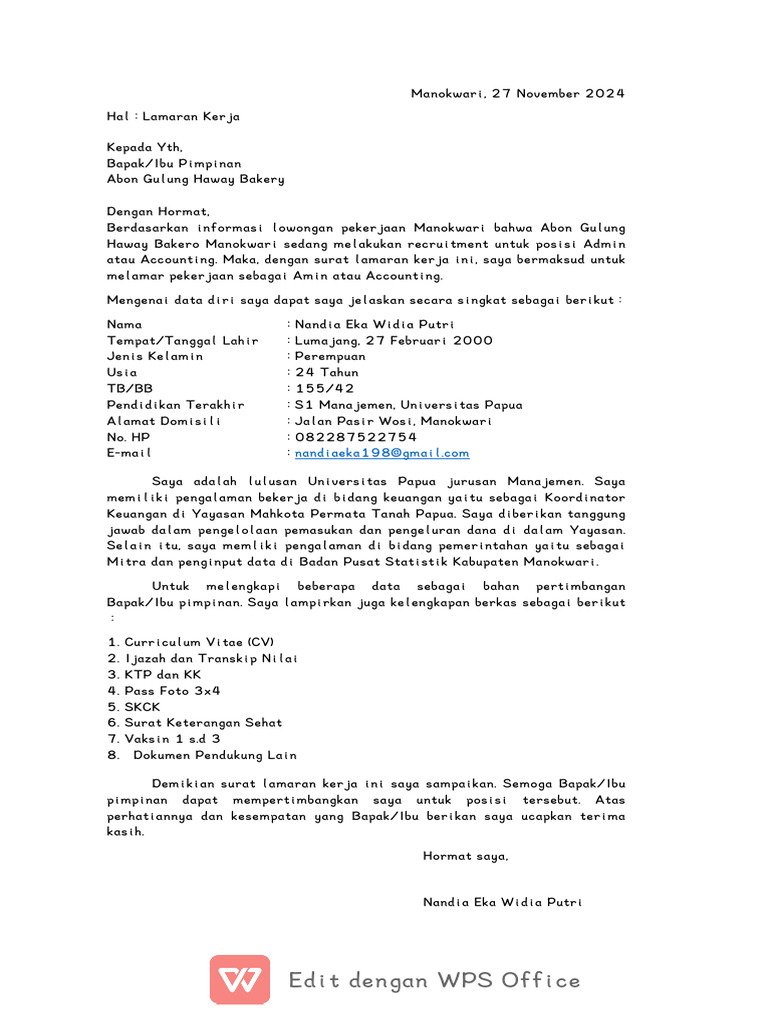Surat Lamaran Kerja Nandia Haway Bakery | PDF