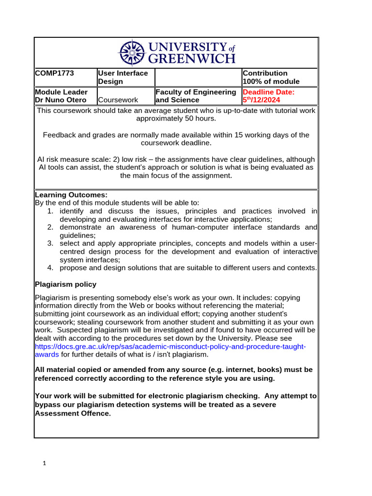 User Interface Design Coursework Guide | PDF | Plagiarism | Prototype