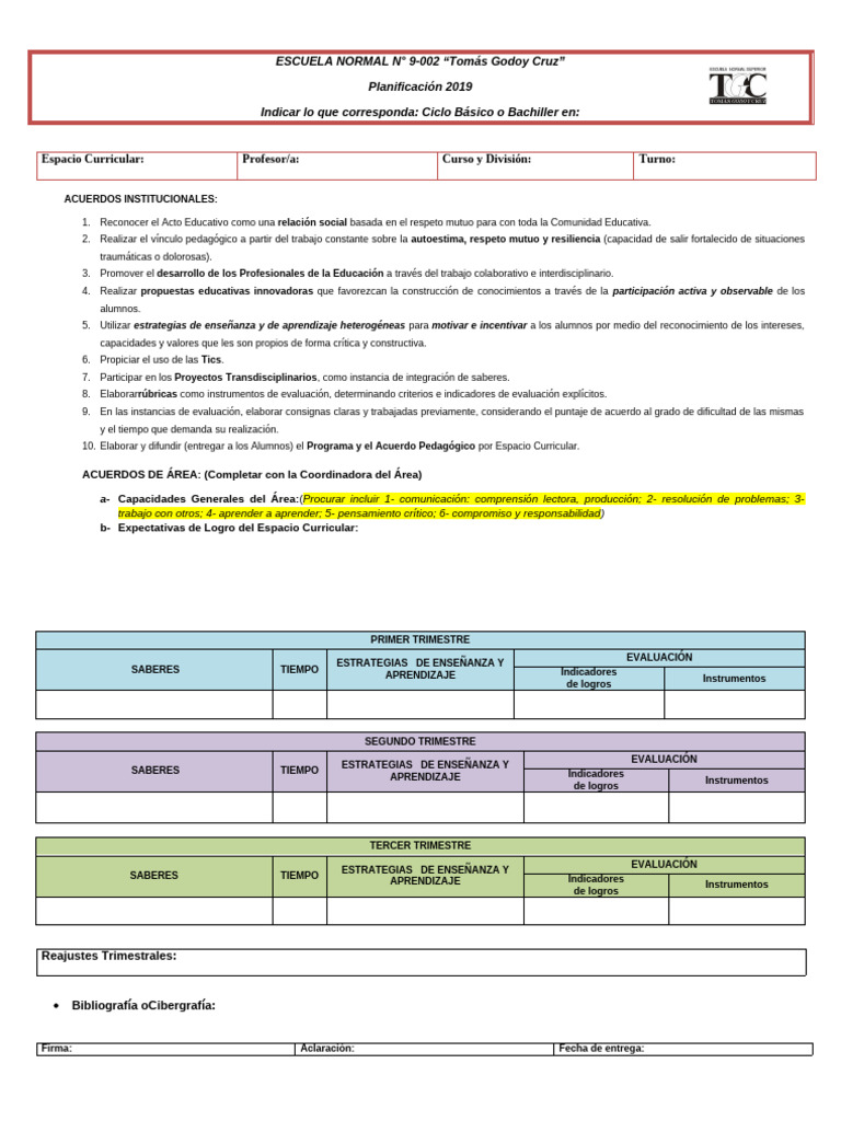 Modelo PLANIFICACIÓN 2019 9002 | PDF | Evaluación | Aprendizaje