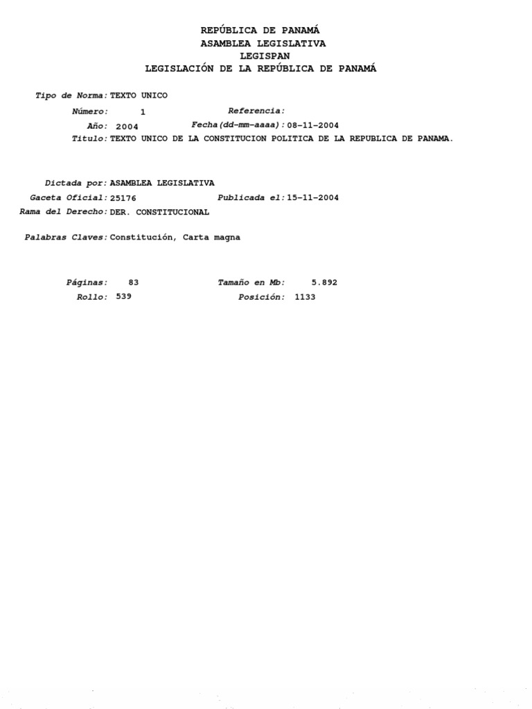 Constitucion Politica de La Republica de Panama | PDF