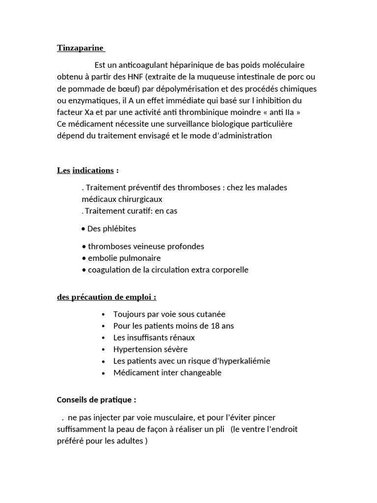 Tinzaparine : Anticoagulant et Surveillance | PDF | Spécialités ...