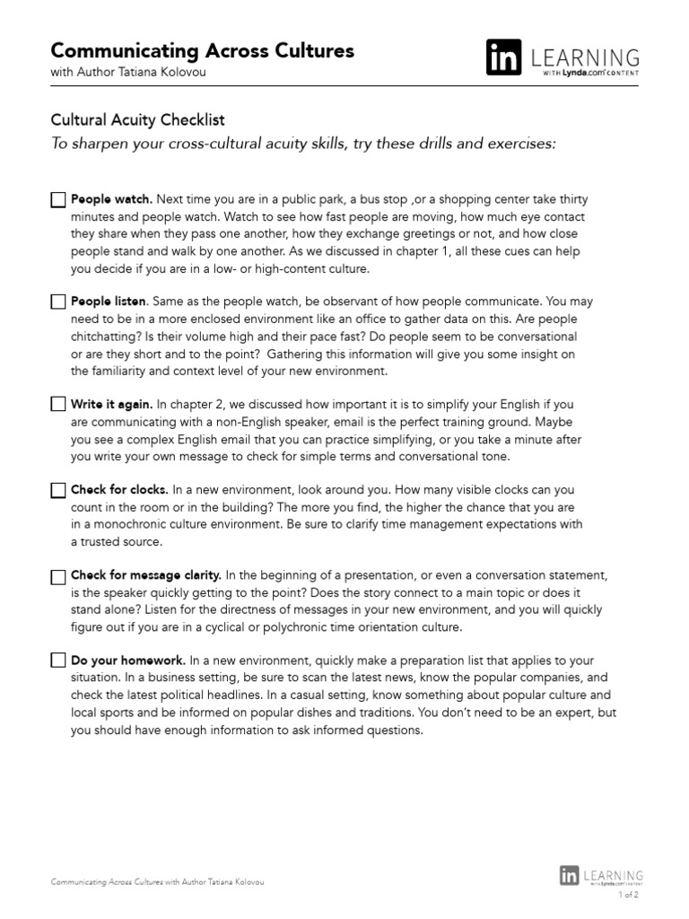 Cultural Acuity Checklist | PDF | Human Communication | Communication