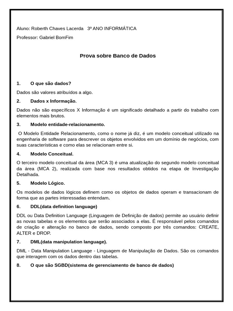 Prova de Banco de Dados Prof Gabriel | PDF